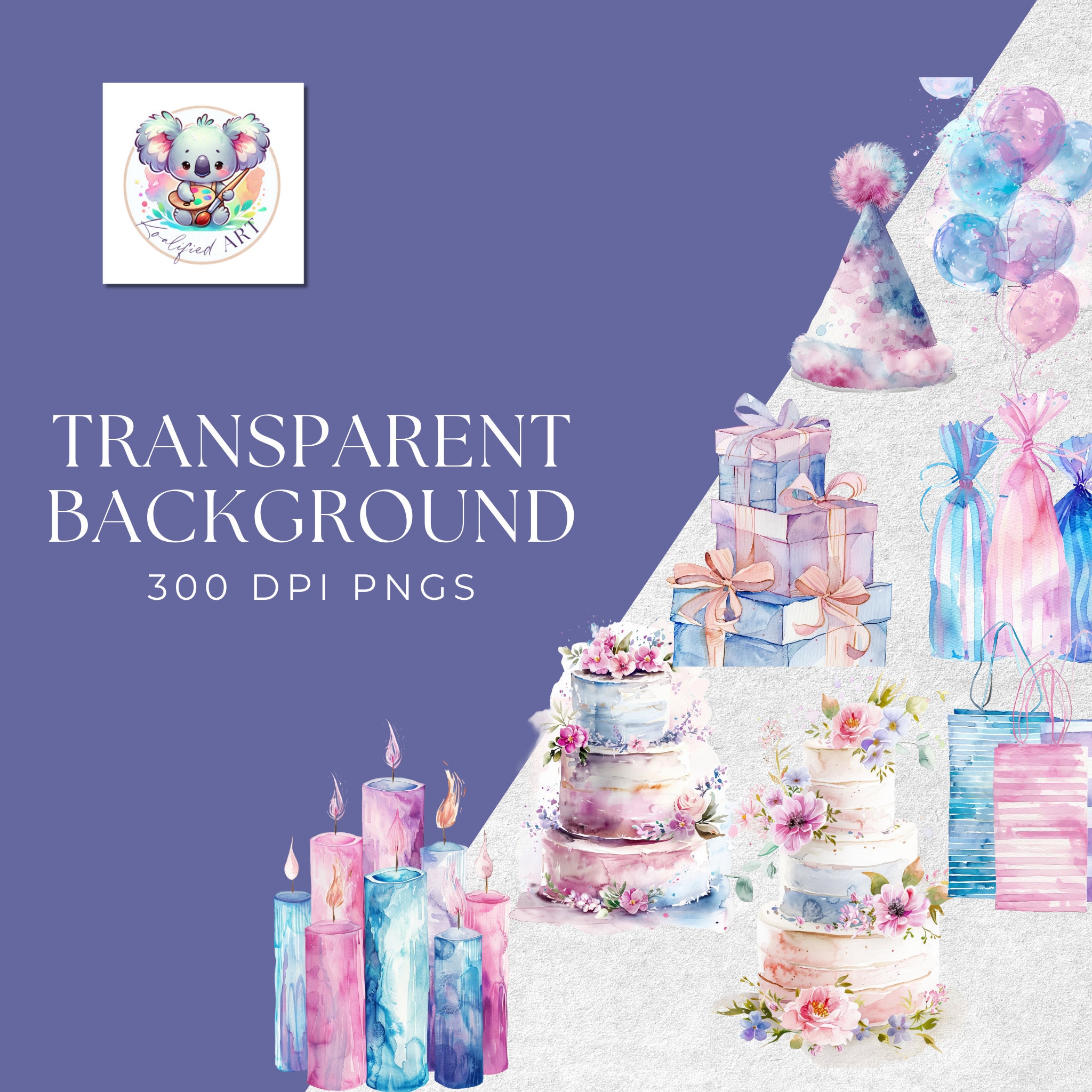 Pastel Watercolor Birthday Clipart Pack 25 PNG Files With Transparent ...