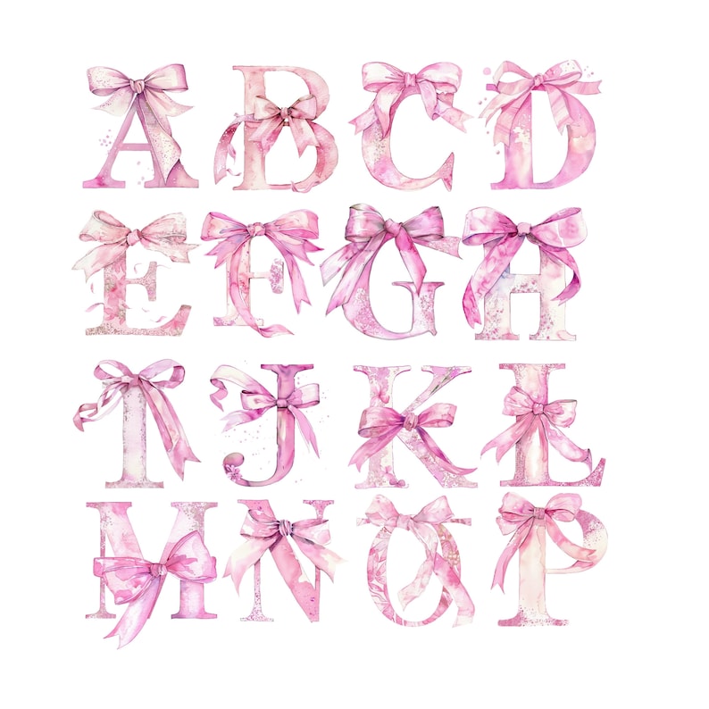 Watercolor Pink Bow Alphabet Clipart: Coquette Letter PNG Bundle ...