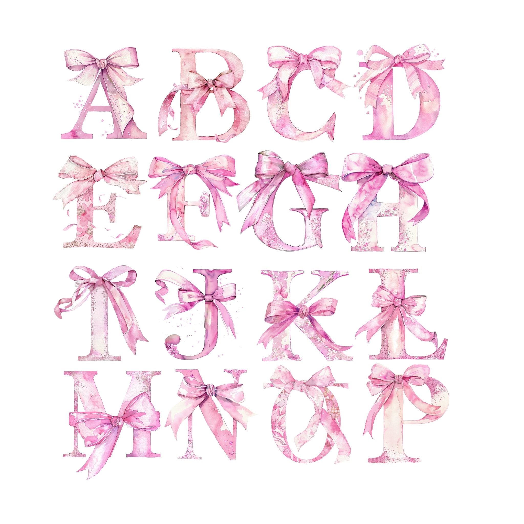 Watercolor Coquette Pink Bow Letter Alphabet Clipart Elegant 300 DPI ...