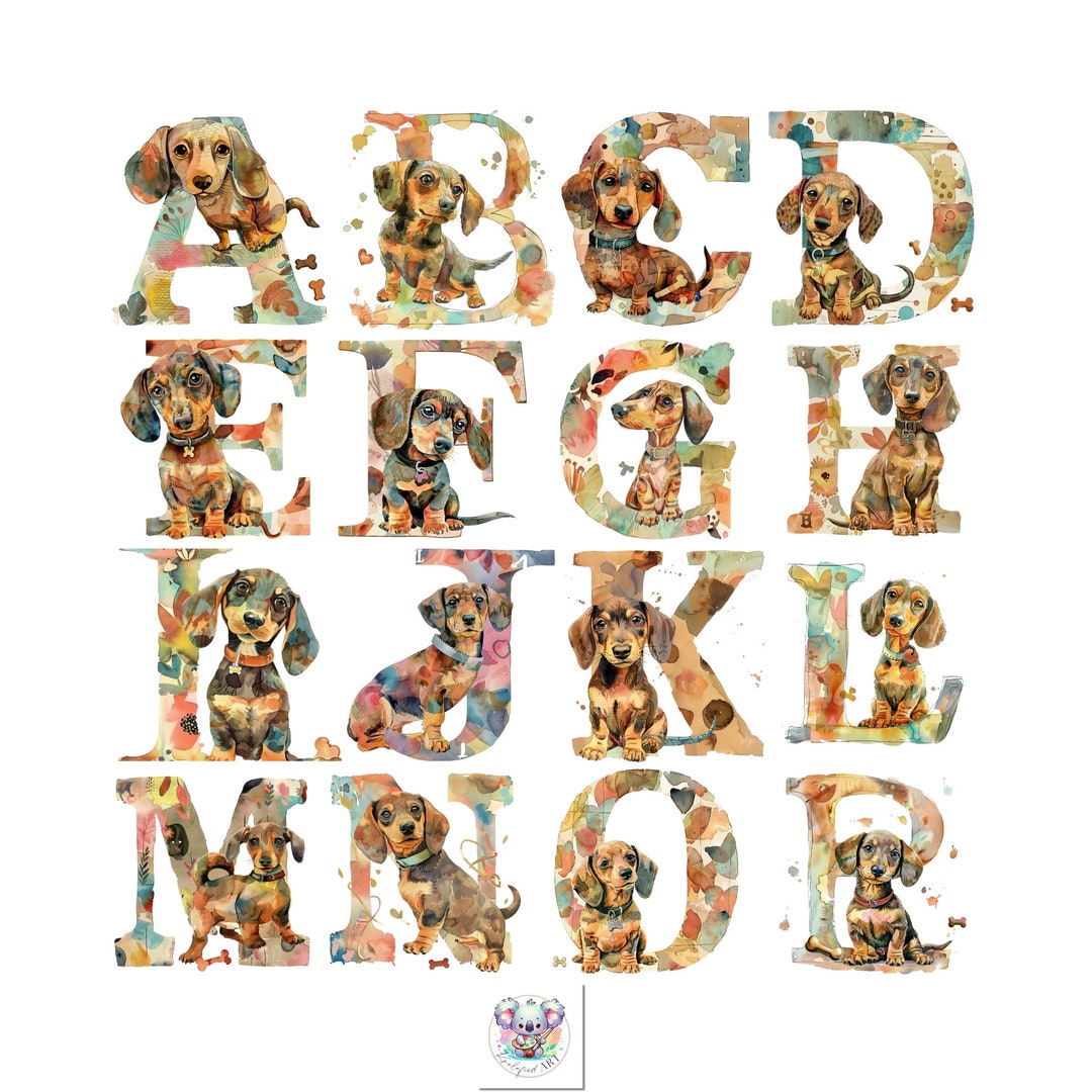 Watercolor Dachshund Puppy Alphabet Clipart: 26 PNG Files (digital ...