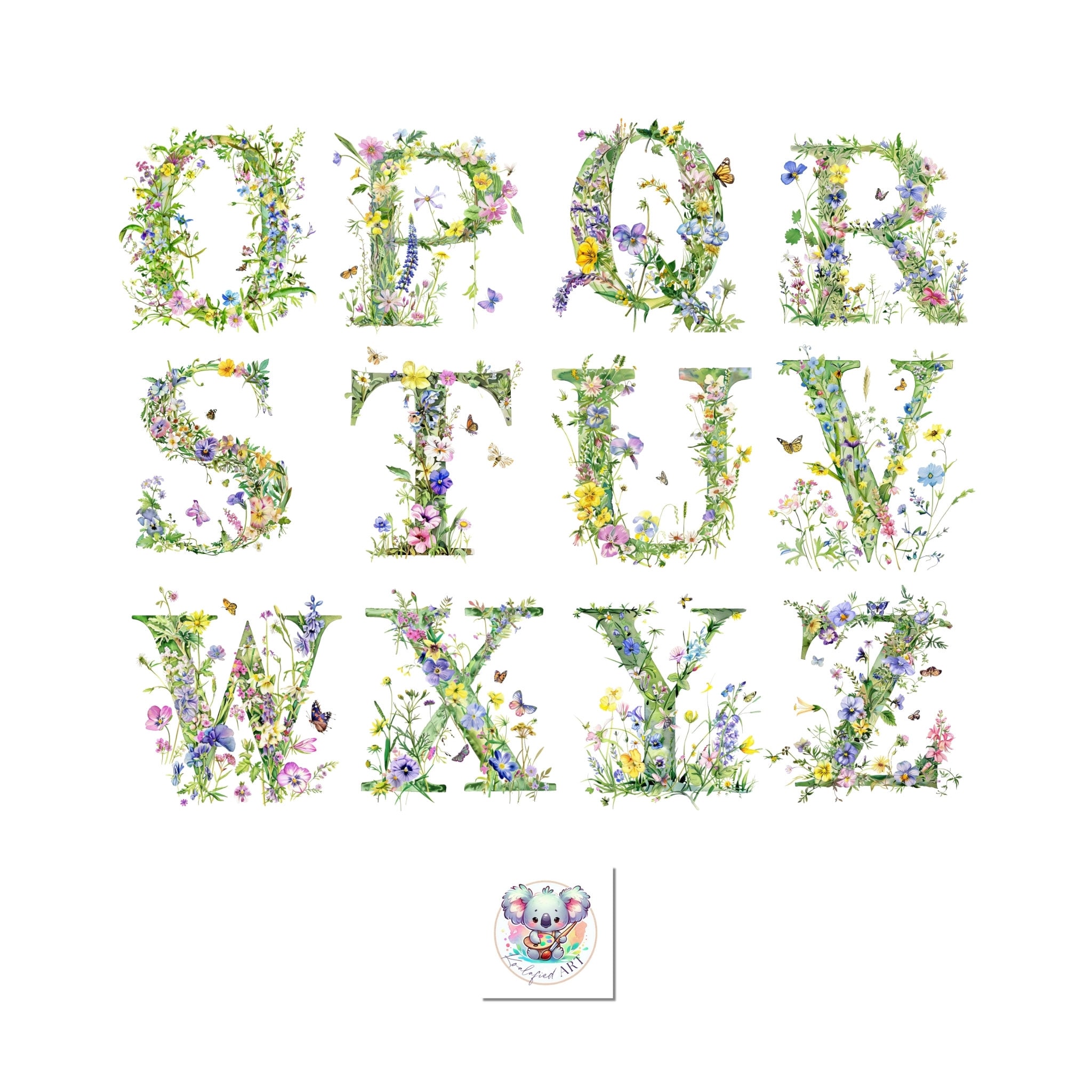 Botanical Letters Watercolor Wildflowers Alphabet Clipart Collection 26 ...