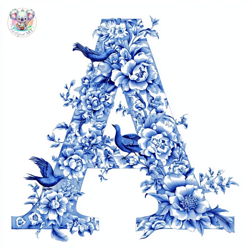 Blue Chinoiserie Floral Alphabet Clipart (PNG) - Etsy