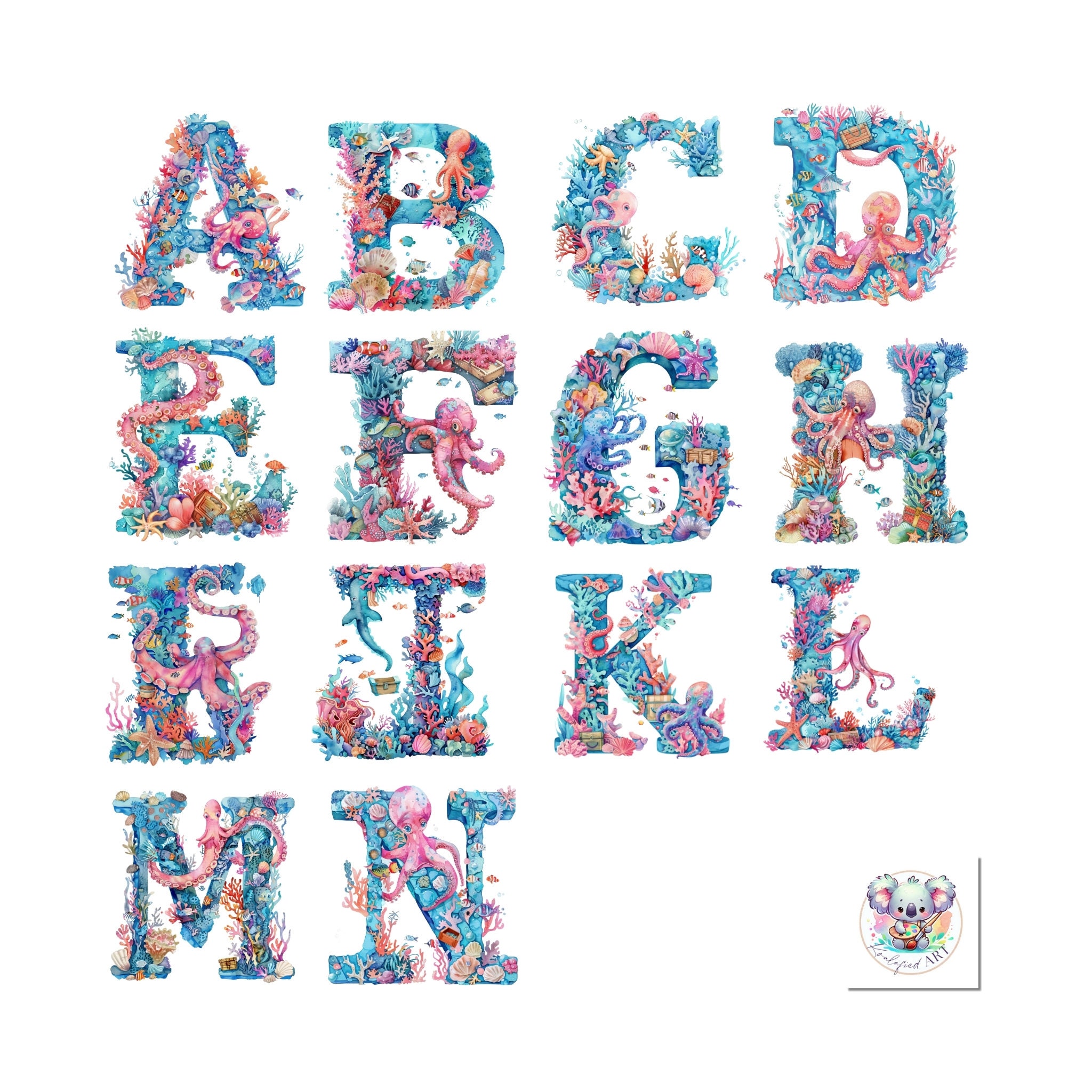 Marine Magic Alphabet 26 Watercolor Under the Sea Letter Clipart Bundle ...