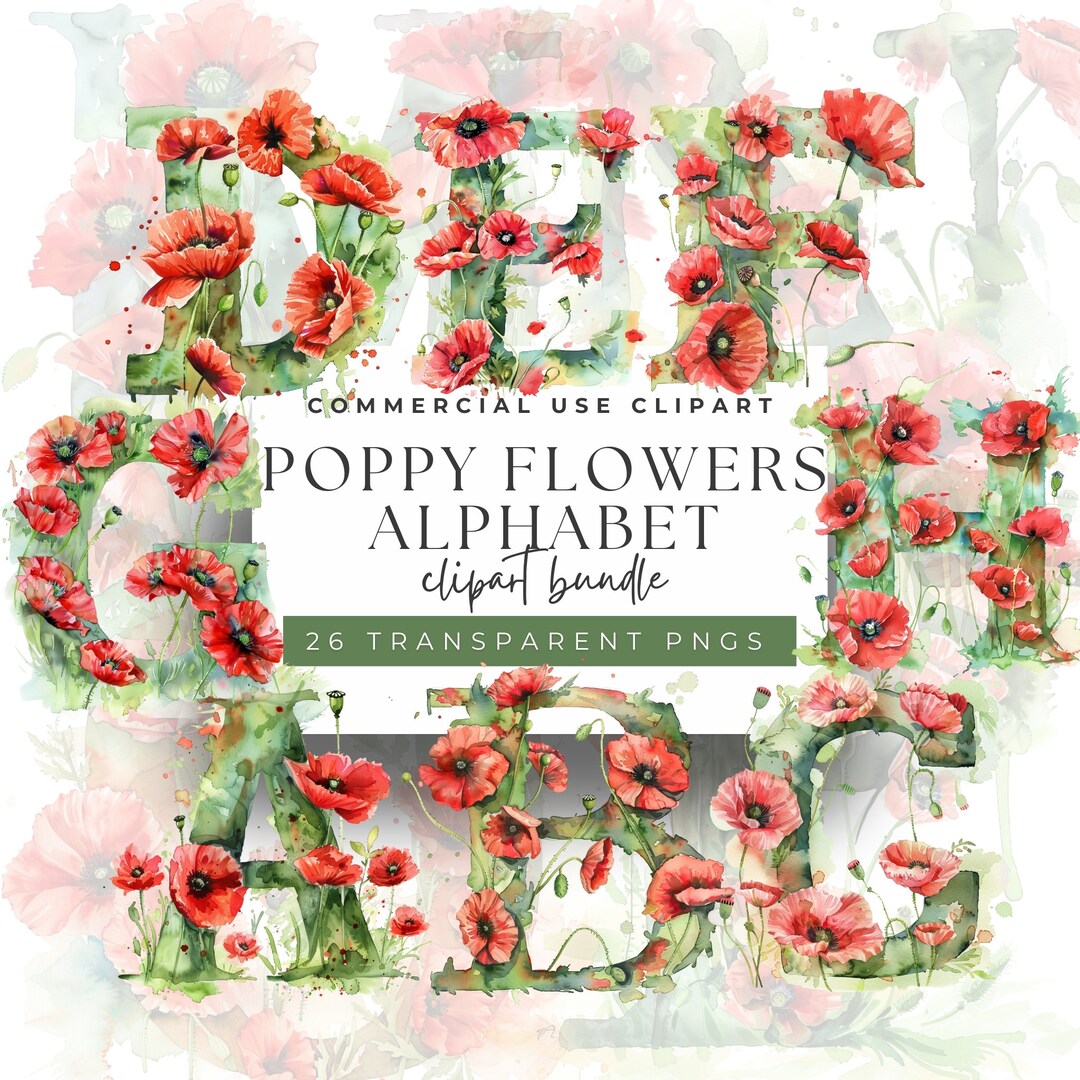 Anzac Day Tribute Full Watercolor Poppy Flower Letter Alphabet Clipart ...