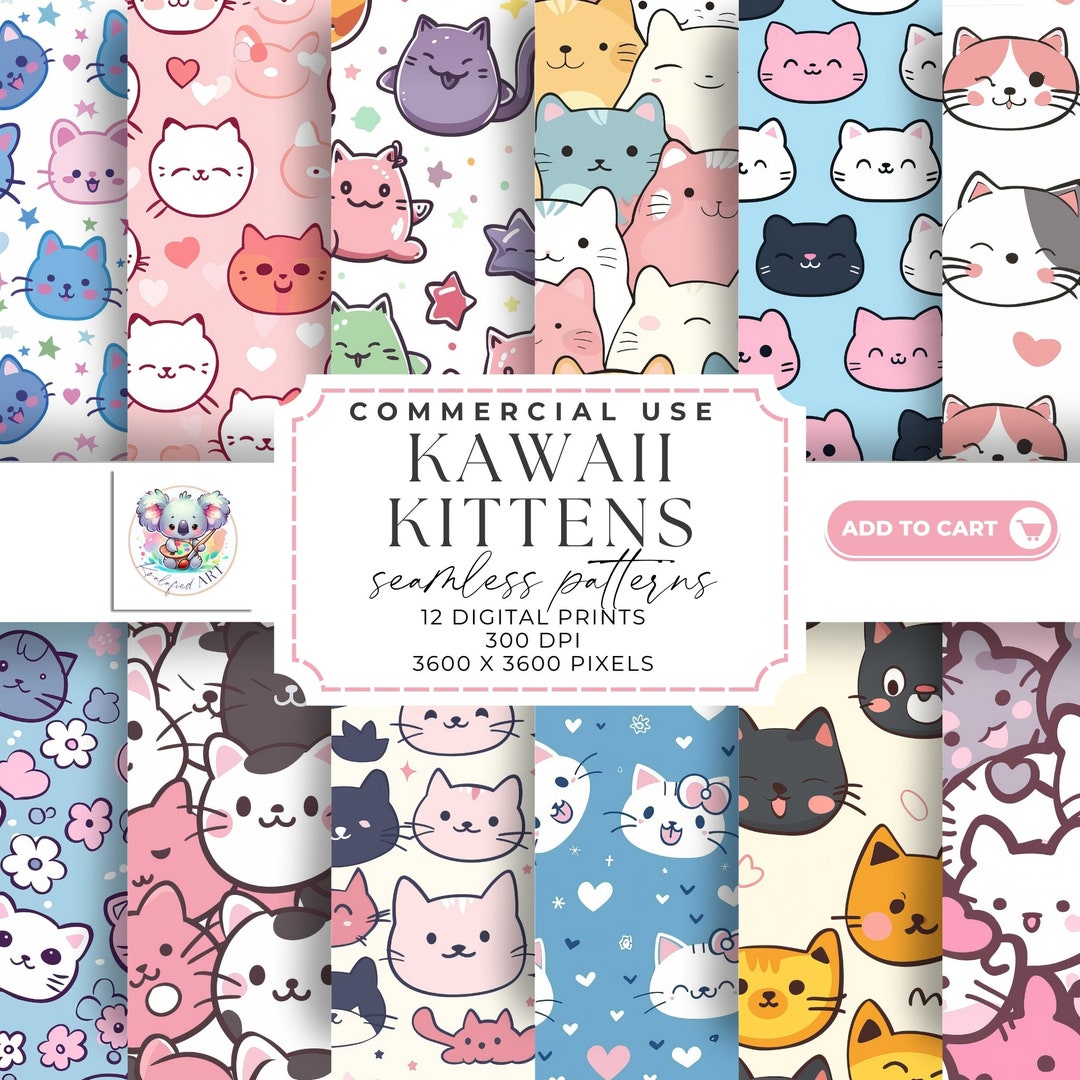Cute Kawaii Cat Seamless Digital Paper 12 Charming Designs 300 DPI 3600 ...