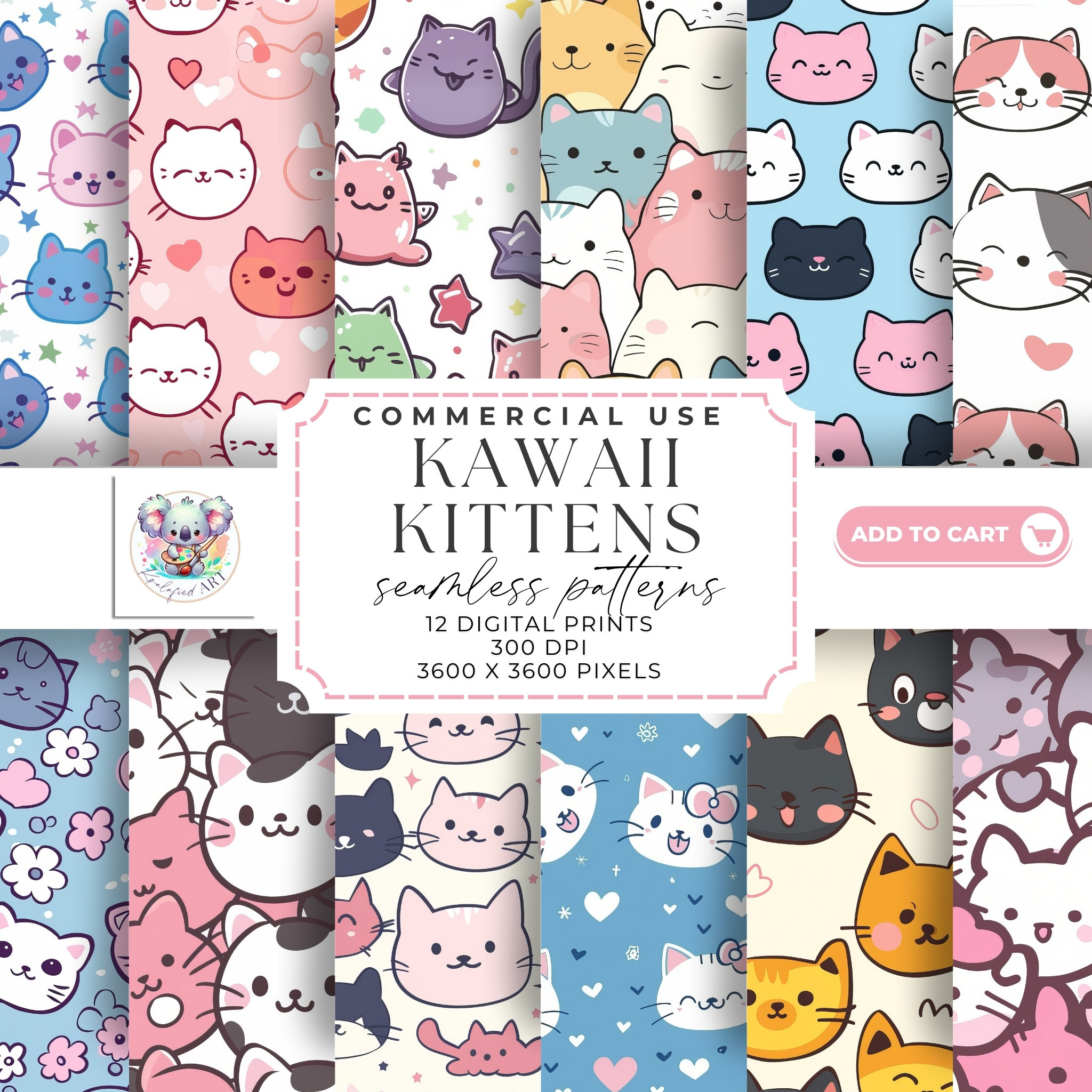 Kawaii Cat Seamless Paper – 12 Cute Kitten Designs (digital Download ...