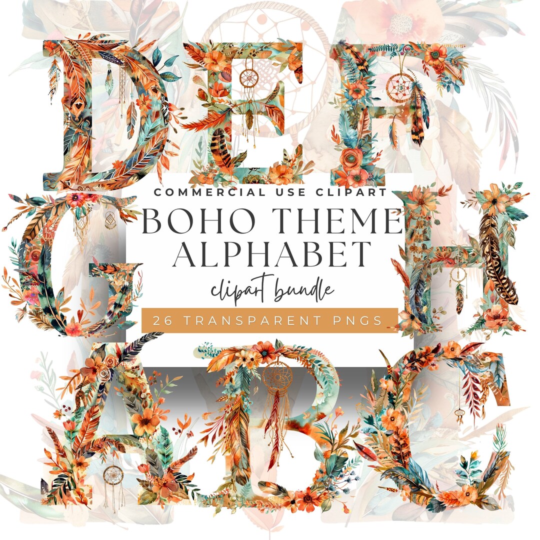 Watercolor Boho Alphabet Clipart: Floral Letter Pngs (digital Download ...