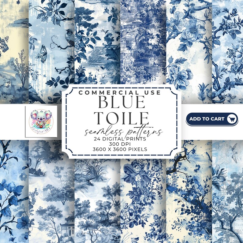 Blue Toile Seamless Patterns: Elegant Watercolor Digital Paper (jpegs ...