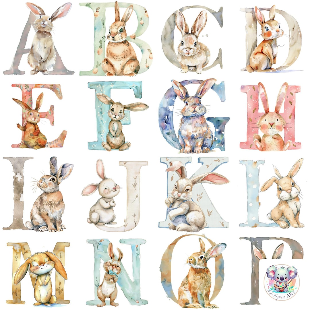 Watercolor Bunny Alphabet Clipart: 26 Rabbit ABC Pngs (digital Download ...