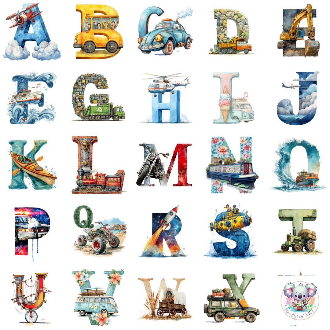 Transportation Alphabet Clipart, Watercolor Vehicles ABC Letters ...