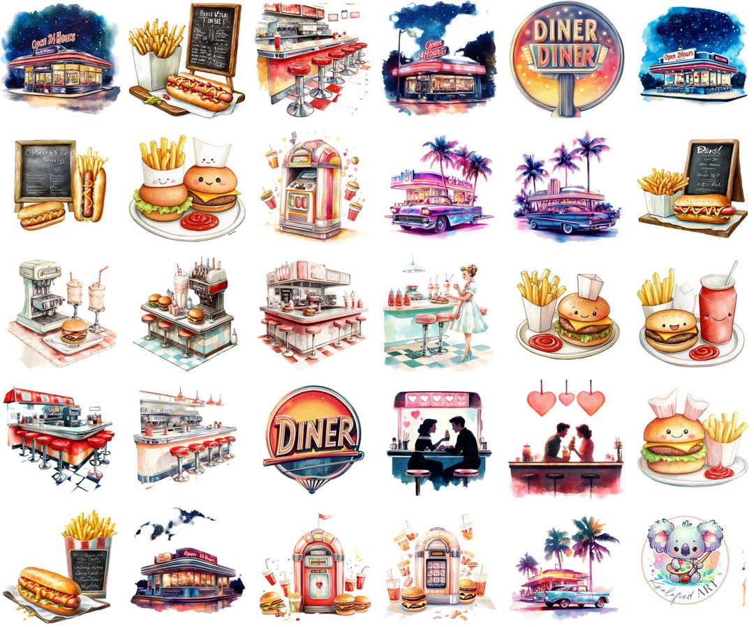 Watercolor 50s Diner Clipart: Retro Food & Neon Signs (PNG Digital ...