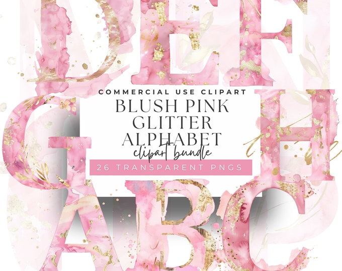 Pink Glitter Alphabet Clipart: Gold Trim Letters & Numbers (PNG Digital ...