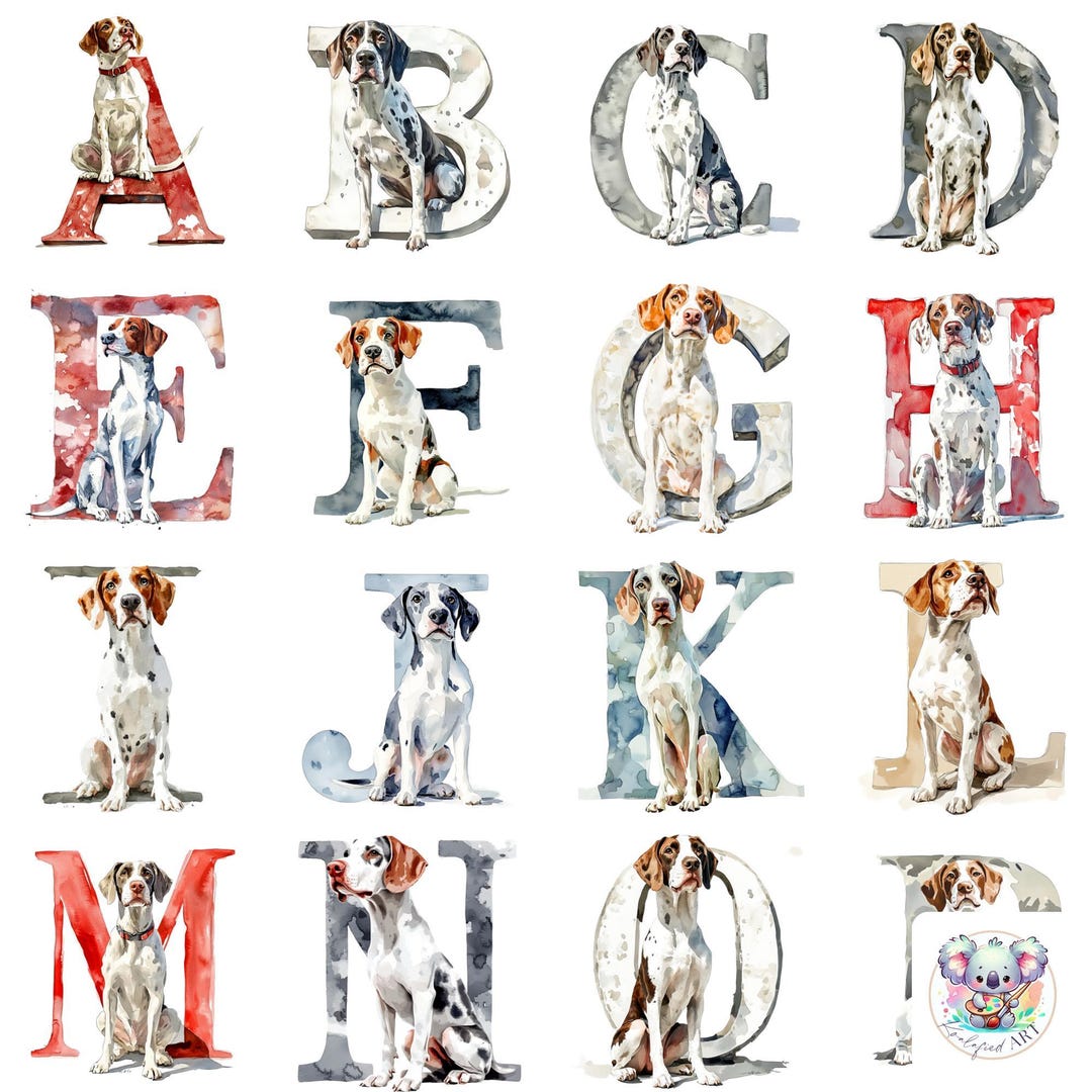 26 English Pointer Dog Alphabet Clipart Set Watercolor-inspired Canine ...