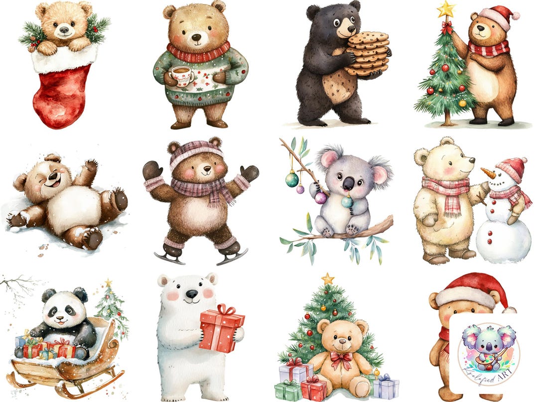Christmas Bears Clipart PNG: 48 Festive Bear Illustrations for DIY ...