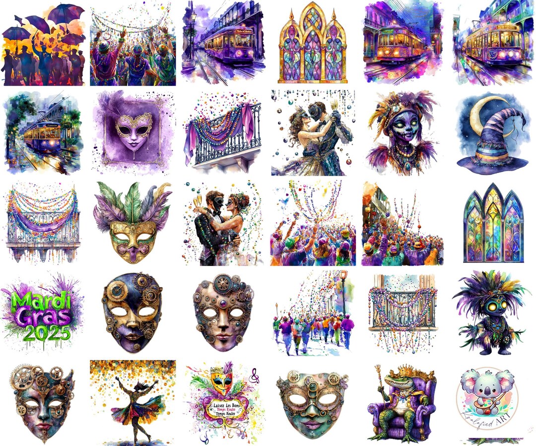 Watercolor Mardi Gras Clipart: Carnival Masks, Floats (PNG Digital ...