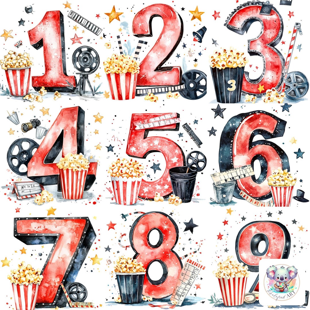 Movie Night Numbers Clipart: Cinema Party Decor (PNG Digital Download ...