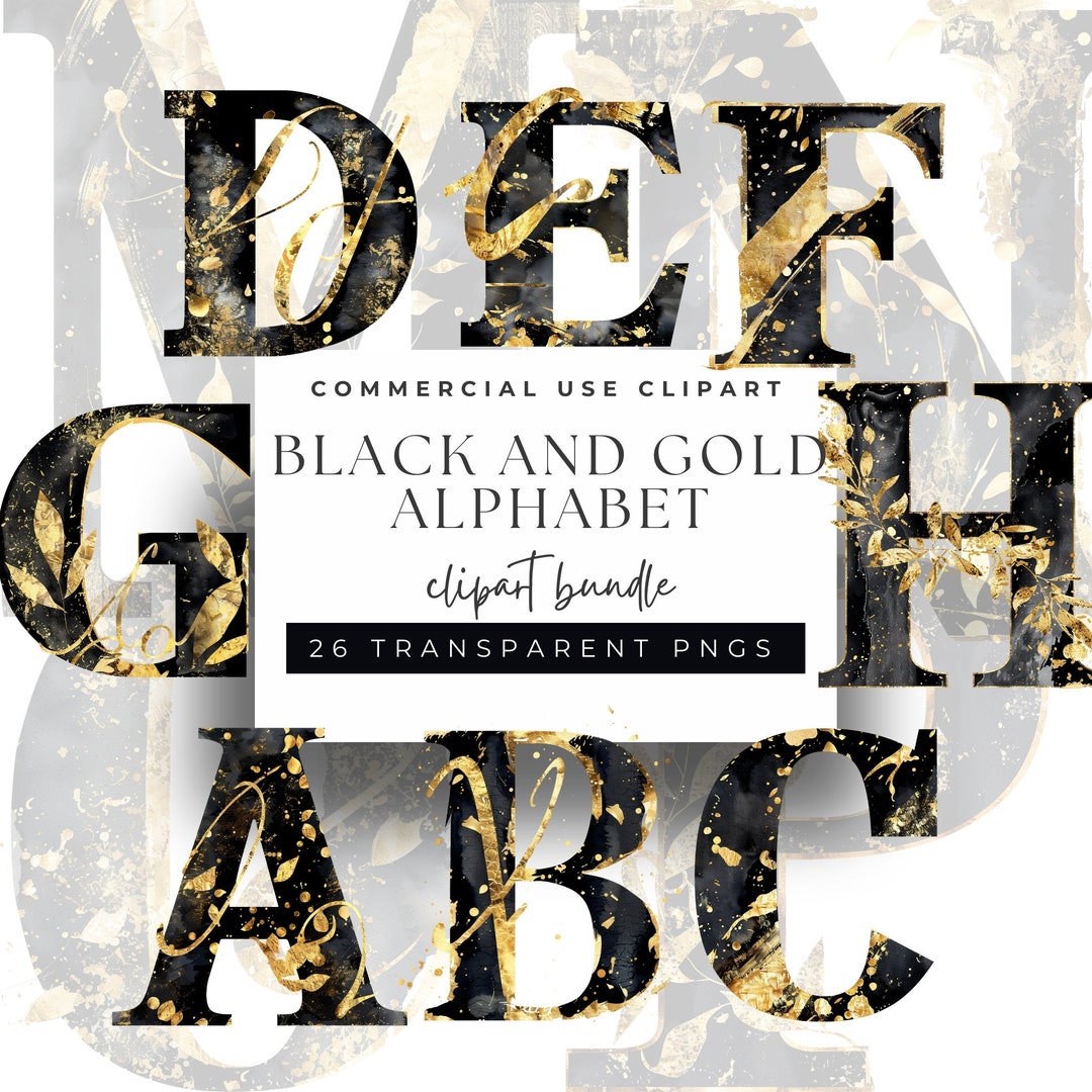 Elegant Serifs Black and Gold Letters Alphabet Clipart 26 Luxe Pngs ...