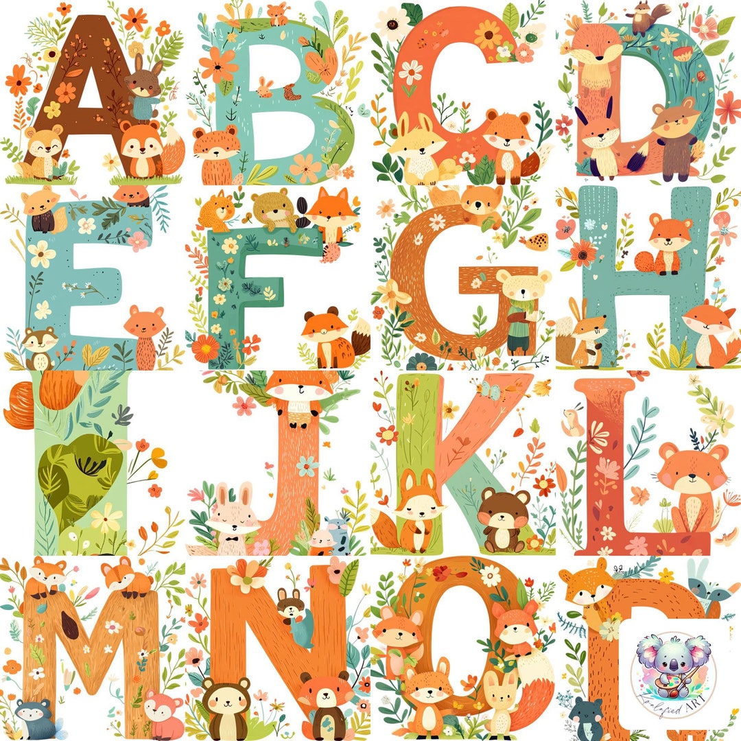 Kawaii Woodland Animals Alphabet Clipart: A-Z PNG Set (digital Download ...