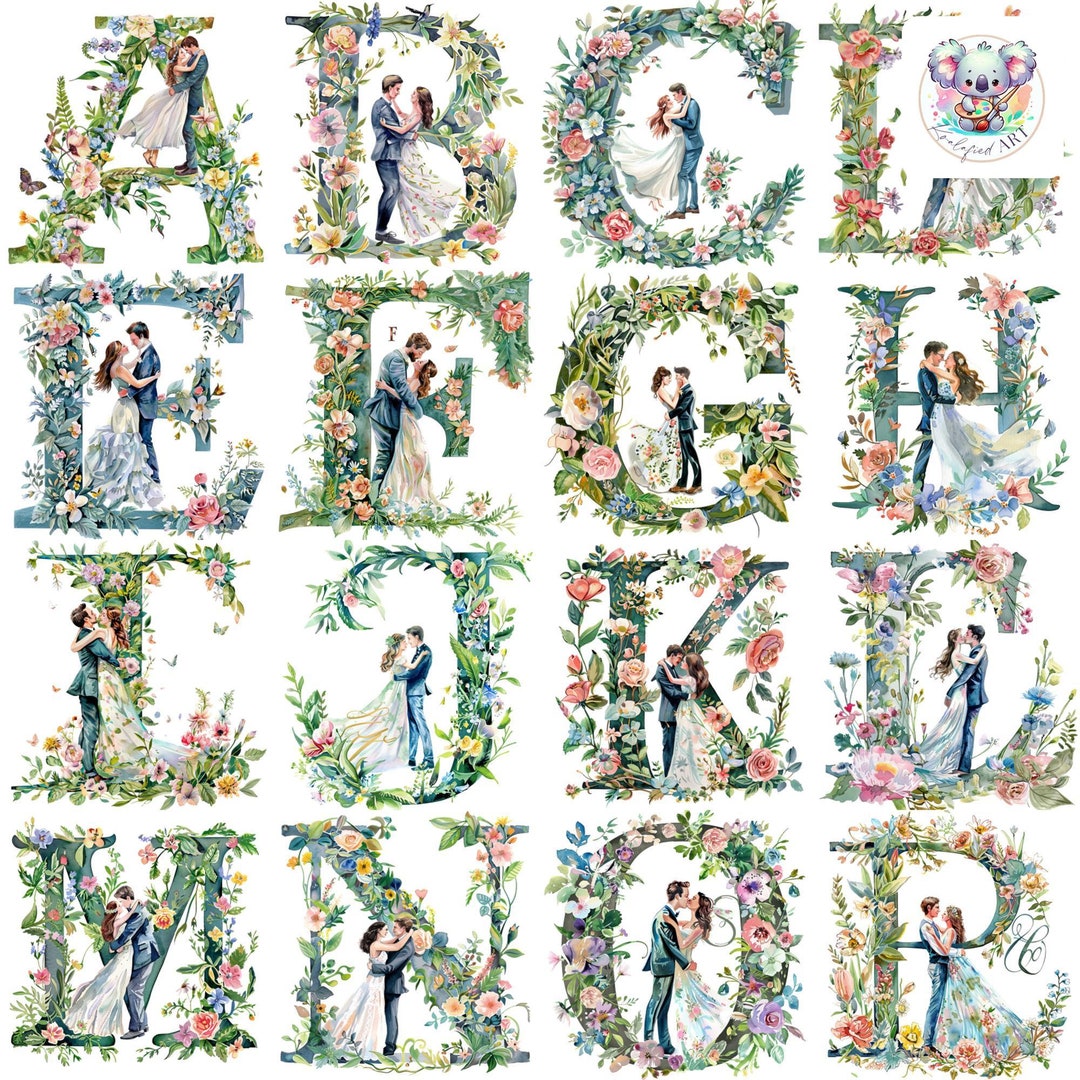Floral Wedding Alphabet Clipart: High-resolution PNG Letters (digital ...