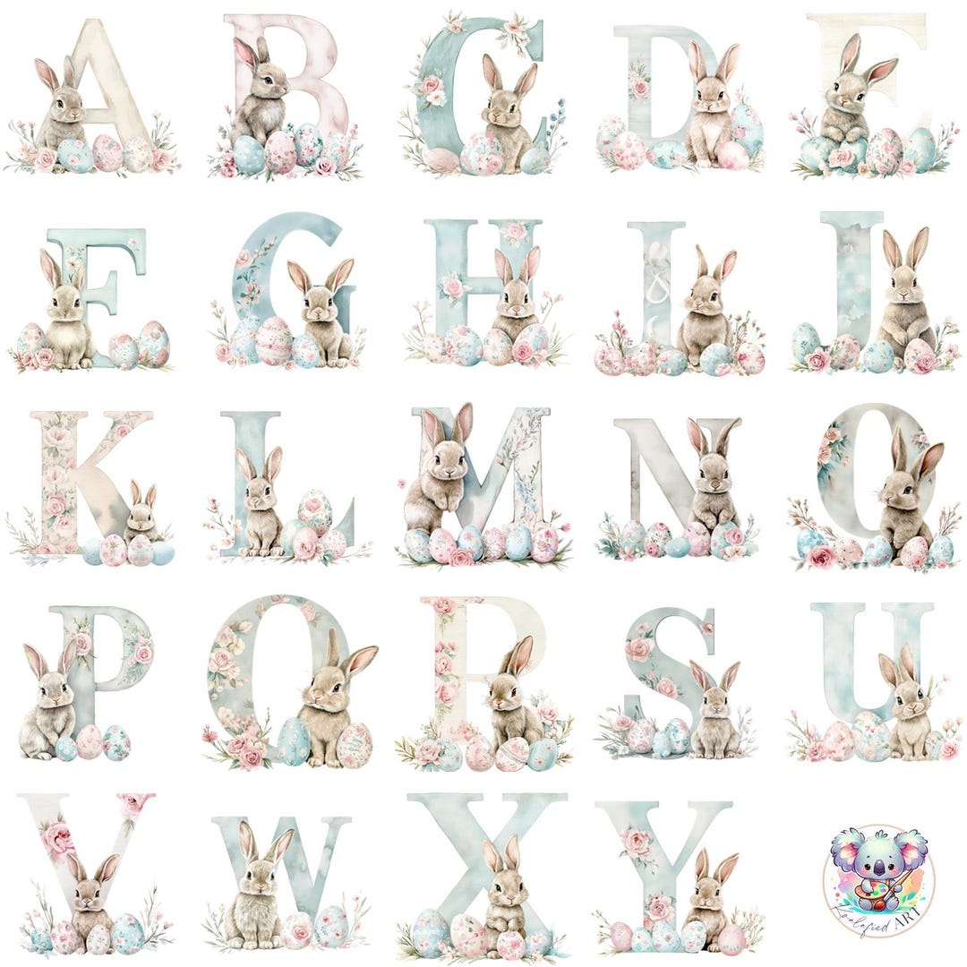 Watercolor Easter Bunny Alphabet Clipart: Pastel Floral Letters (PNG ...