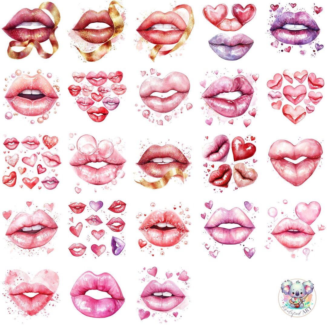Valentine Lips Clipart Bundle 40 PNG Watercolor Illustrations Kiss ...
