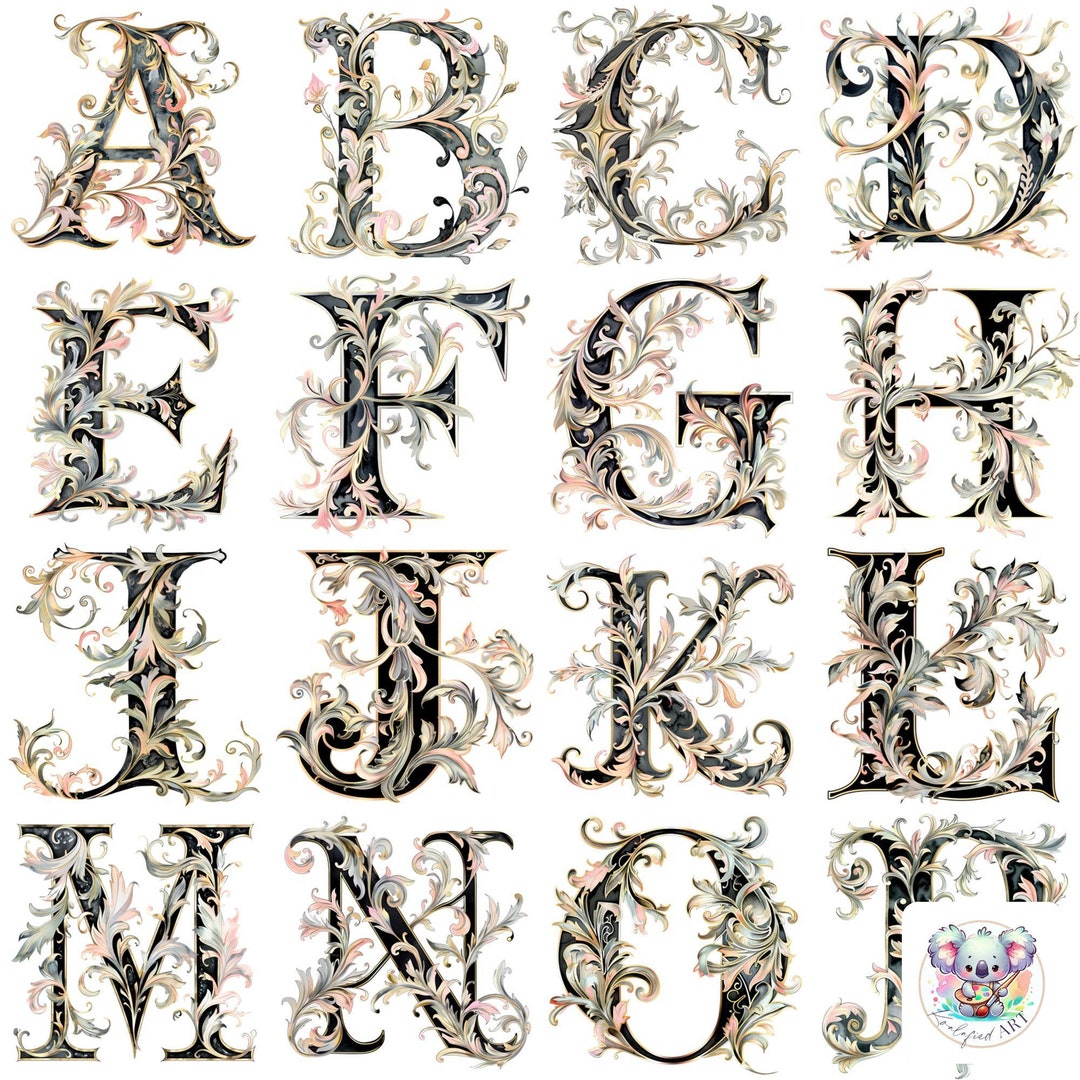 Watercolor Floral Monogram Clipart: Ornate Alphabet Letters (PNG ...