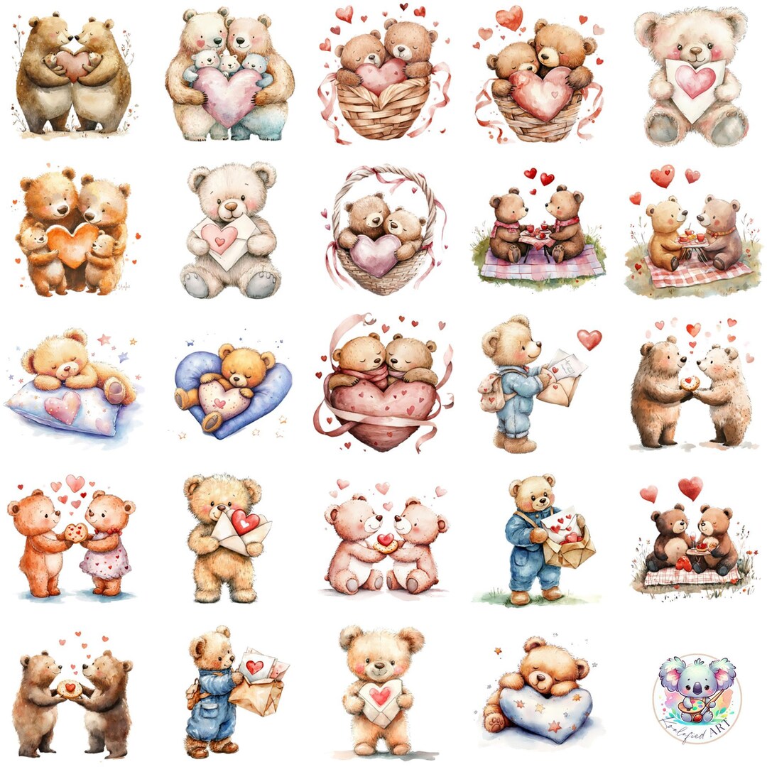Watercolor Valentine Teddy Bear Clipart: Romantic PNG Art (digital ...