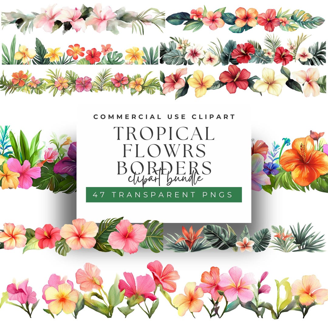 Watercolor Tropical Flower Border Clipart: Exotic Floral PNG (digital ...