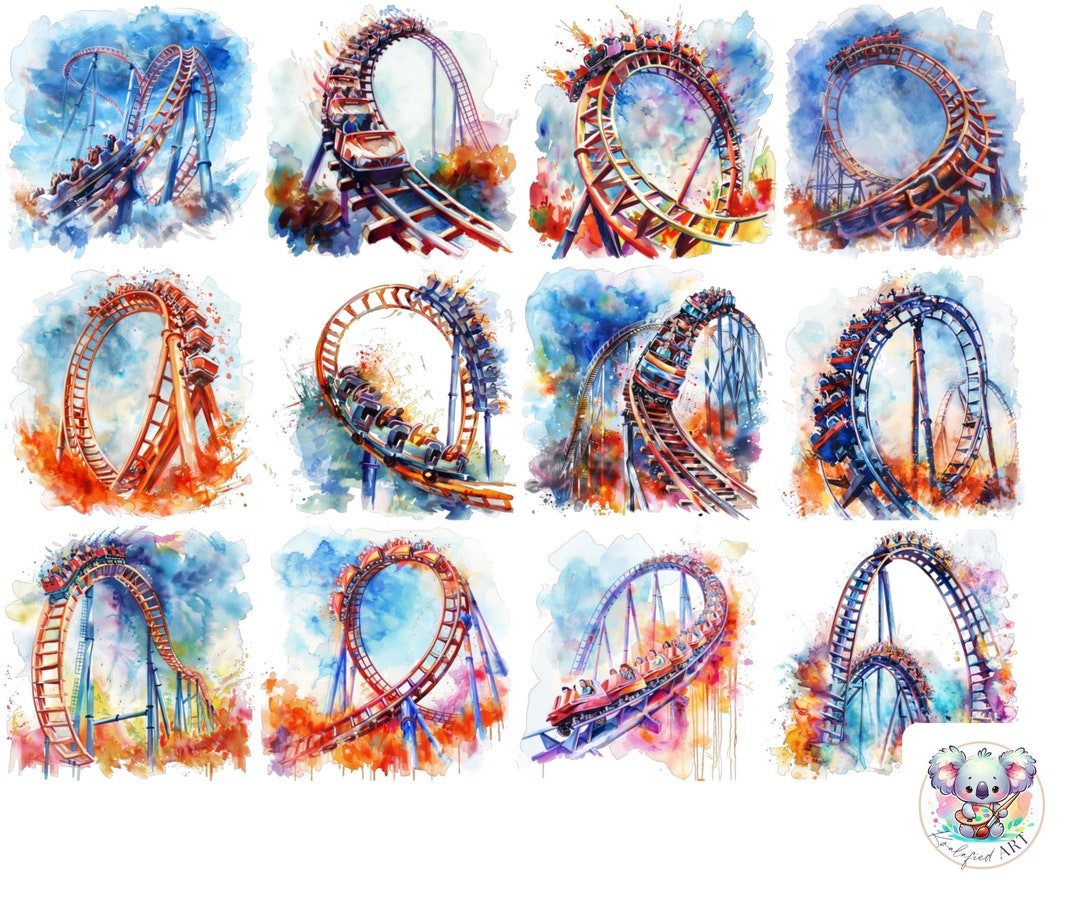 Watercolor Roller Coaster Clipart: Amusement Park Designs (digital ...