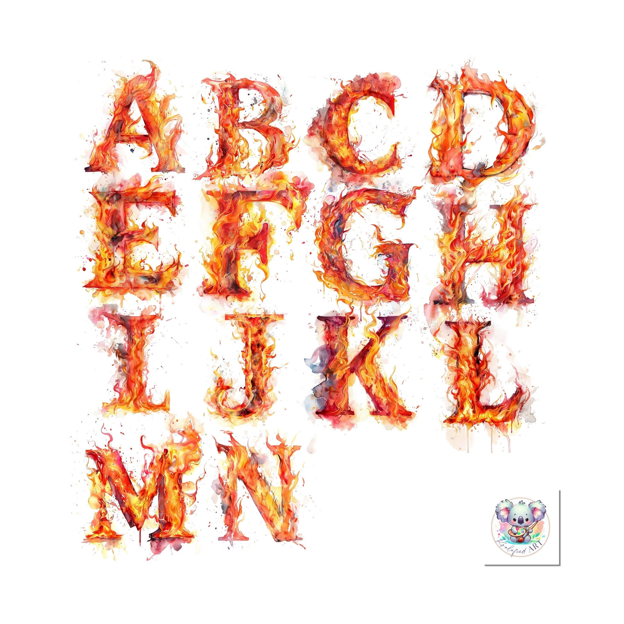 Blazing Abcs Watercolor Fire Letters Alphabet Clipart 26 Fiery Pngs ...