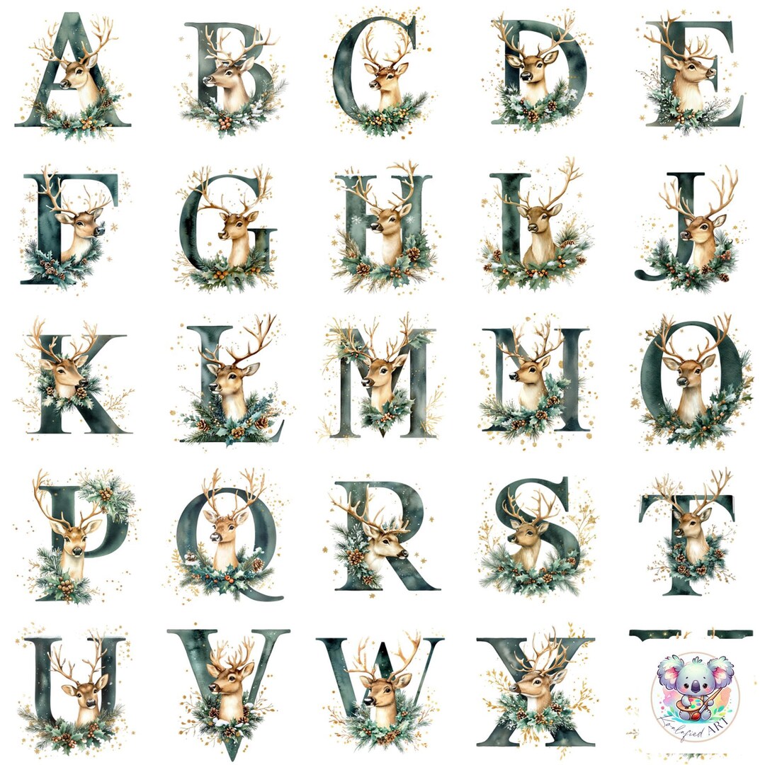 Christmas Reindeer Alphabet Clipart PNG, Watercolor Deer Letters A-Z ...