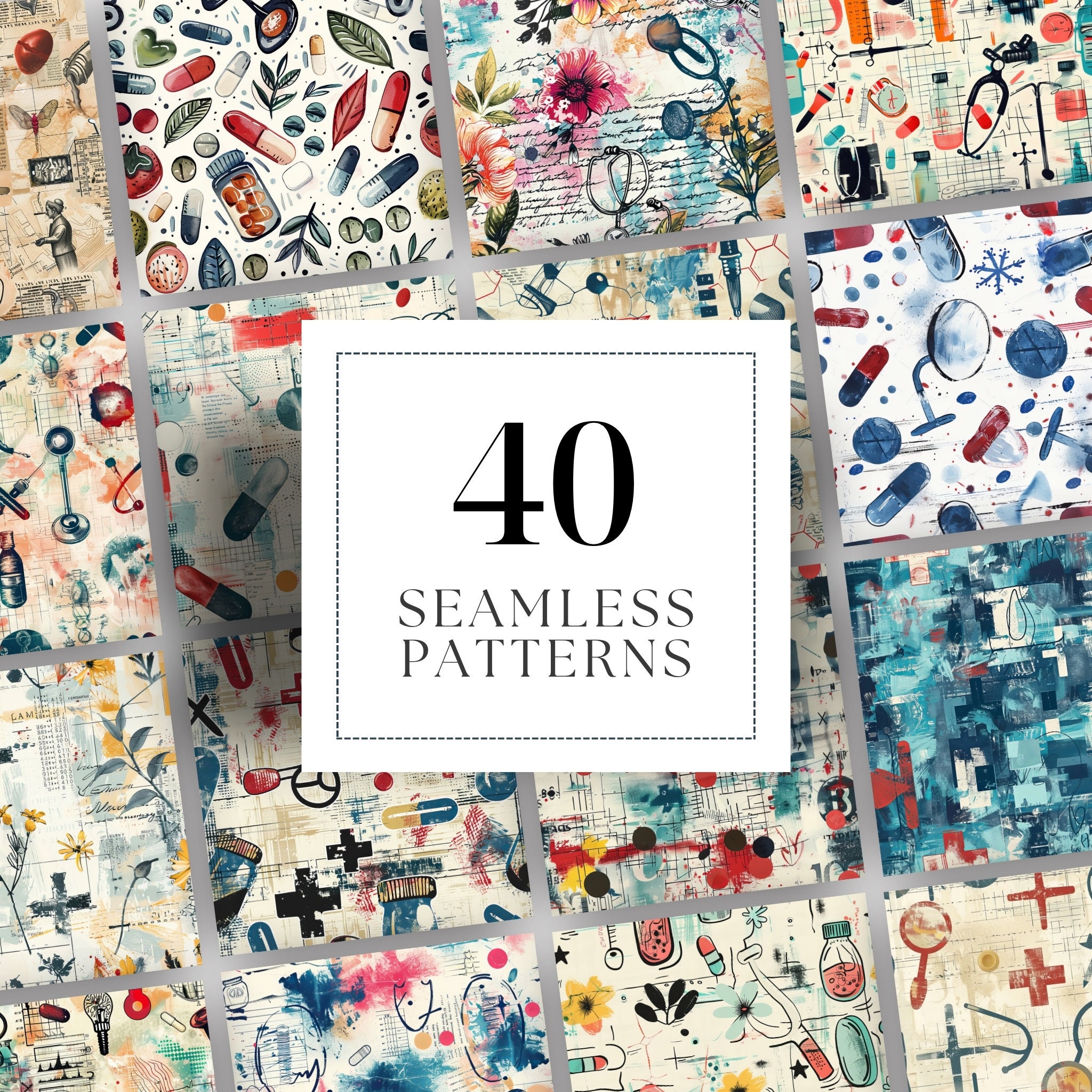 Medical Motifs 40 Watercolor Digital Medical Seamless Paper Patterns ...