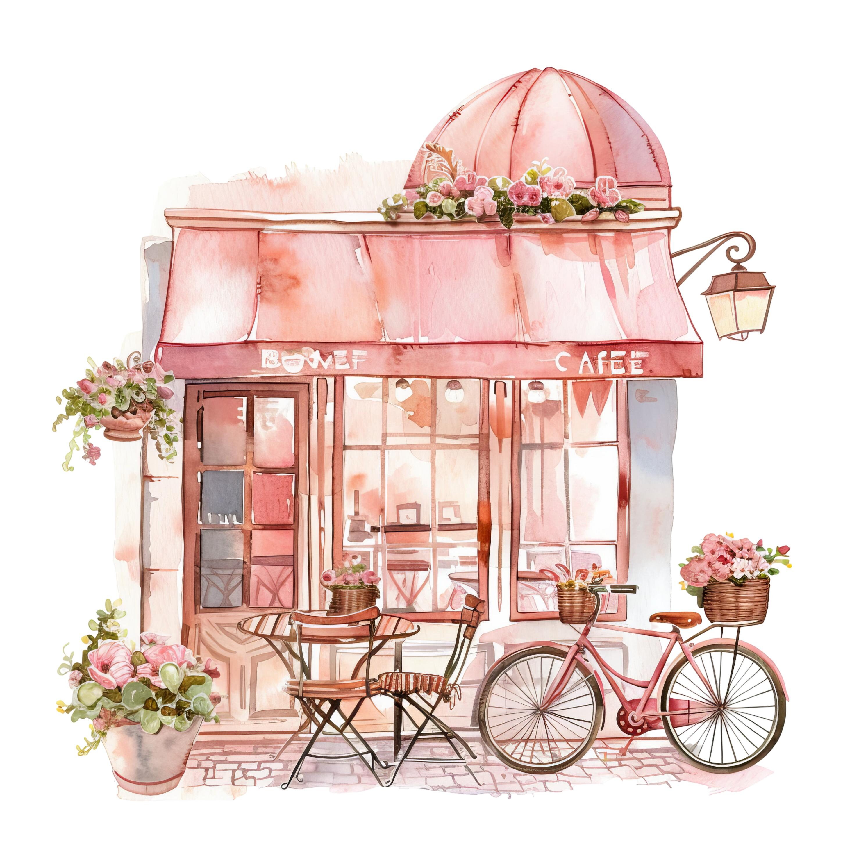 Elegant Watercolor Pink Parisian Cafe Clipart PNG: 40 High-resolution ...