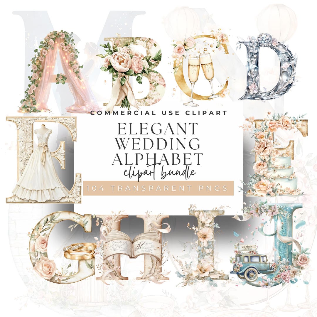 Watercolor Wedding Alphabet Clipart: Elegant Bridal Letter Designs (PNG ...