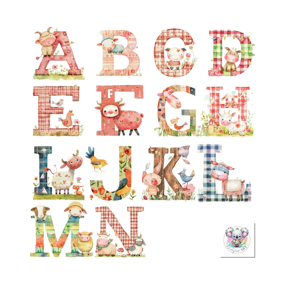 Farm Animals Alphabet Clipart: Countryside Letters PNG Set (digital ...