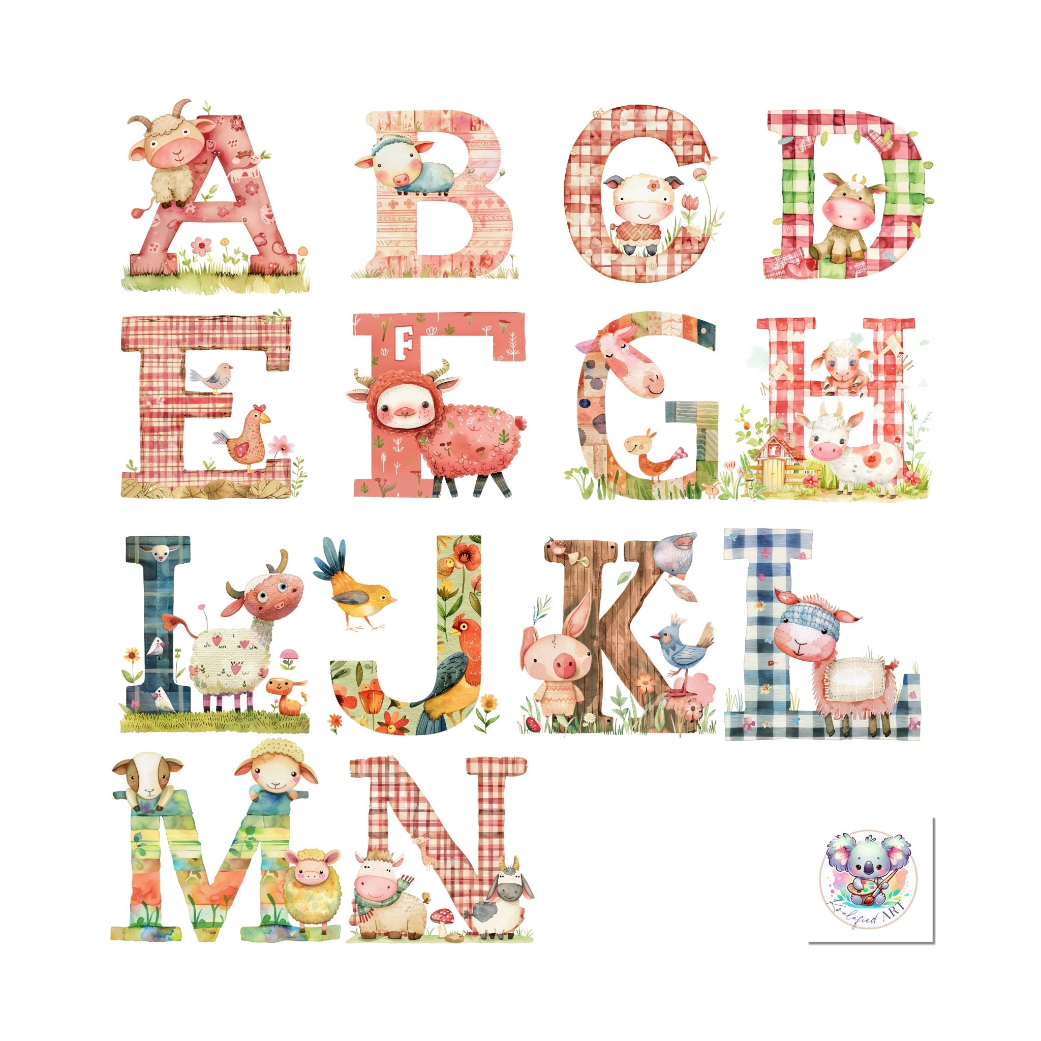 Rustic Alphabet Charm 26 Farm Animals Clipart Letters High-resolution ...
