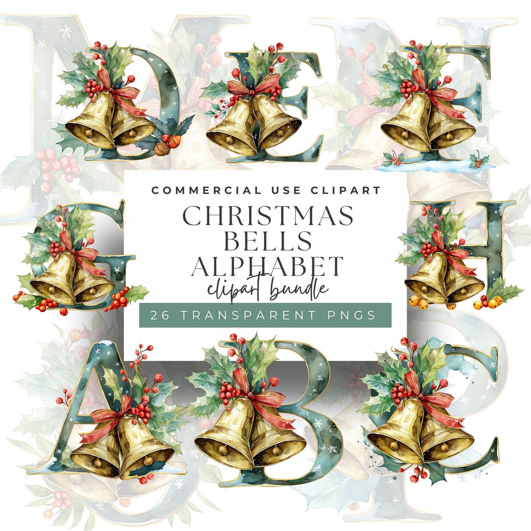 Christmas Bell Alphabet Clipart: Watercolor Holiday Letters (PNG ...