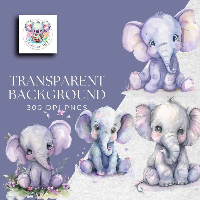 Purple Elephant Clipart 4 Watercolor PNG Set Instant Download - Etsy