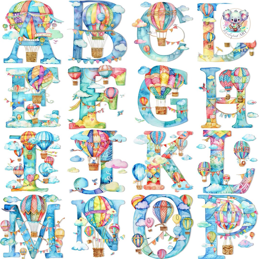 Watercolor Hot Air Balloon Alphabet Clipart: 26 Letters (pngs) - Etsy