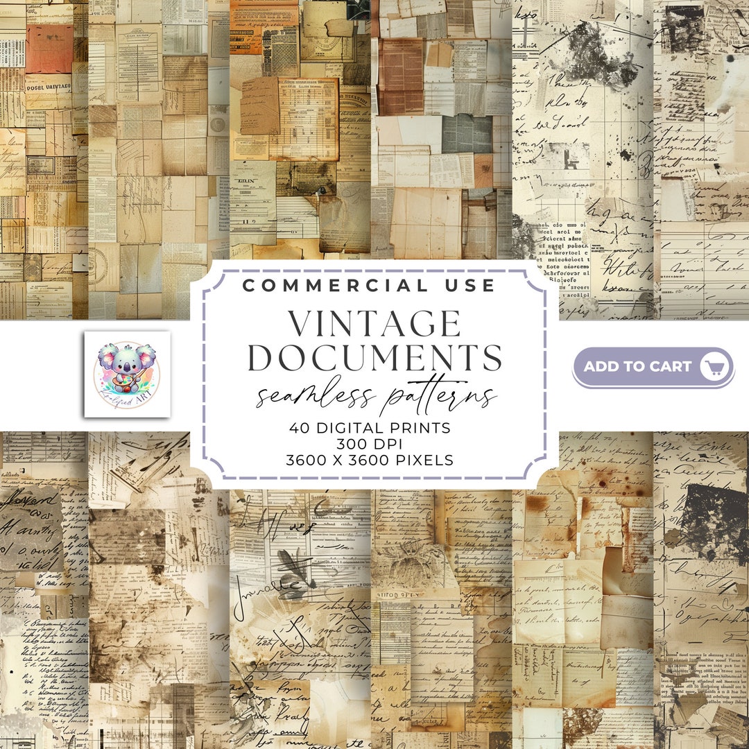 Vintage Documents Digital Paper - 40 Seamless Patterns, High-resolution ...