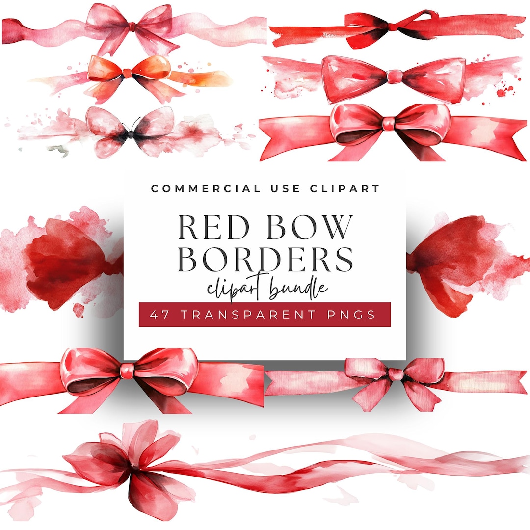 Watercolor Red Bow Border Clipart: Festive Ribbon PNG (digital Download ...