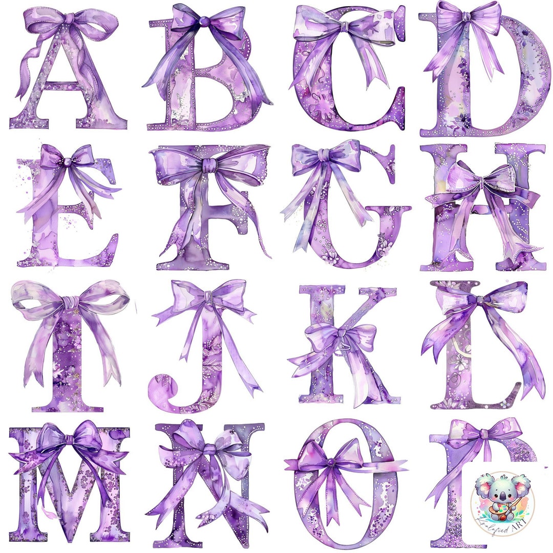 Set of 26 Purple Bow Letters Clipart Collection Watercolor Alphabet ...