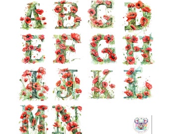 Watercolor Floral Alphabet, Red Poppies, Letters and Numbers Clipart ...