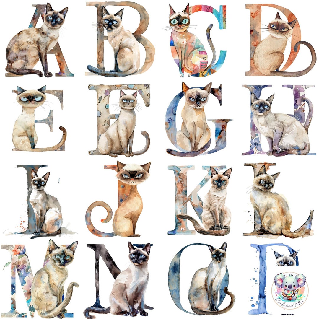 Siamese Cat Alphabet Clipart: 26 Feline Letter Designs (PNG Digital ...