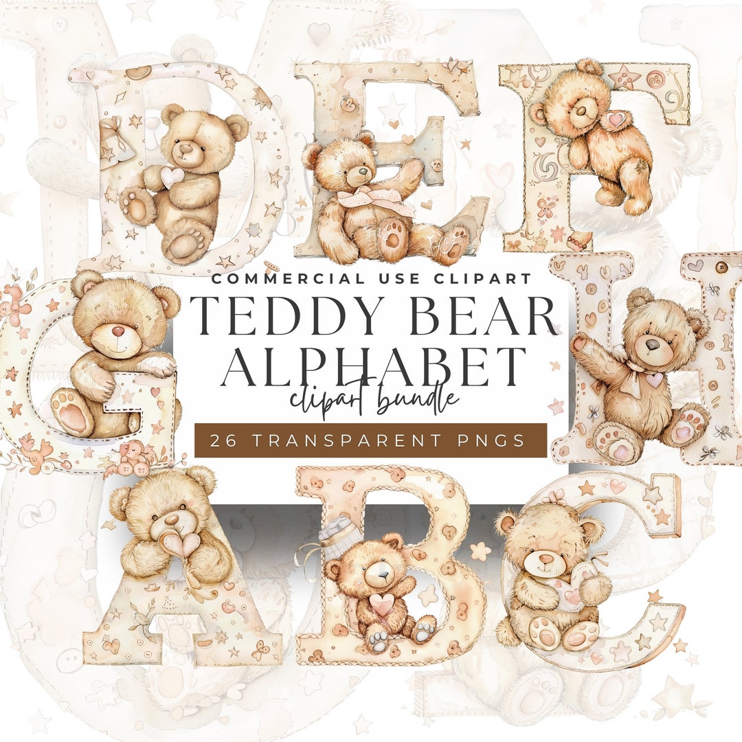 Cuddly Abcs - Watercolor Teddy Bear Letter Alphabet Clipart, 300 DPI ...