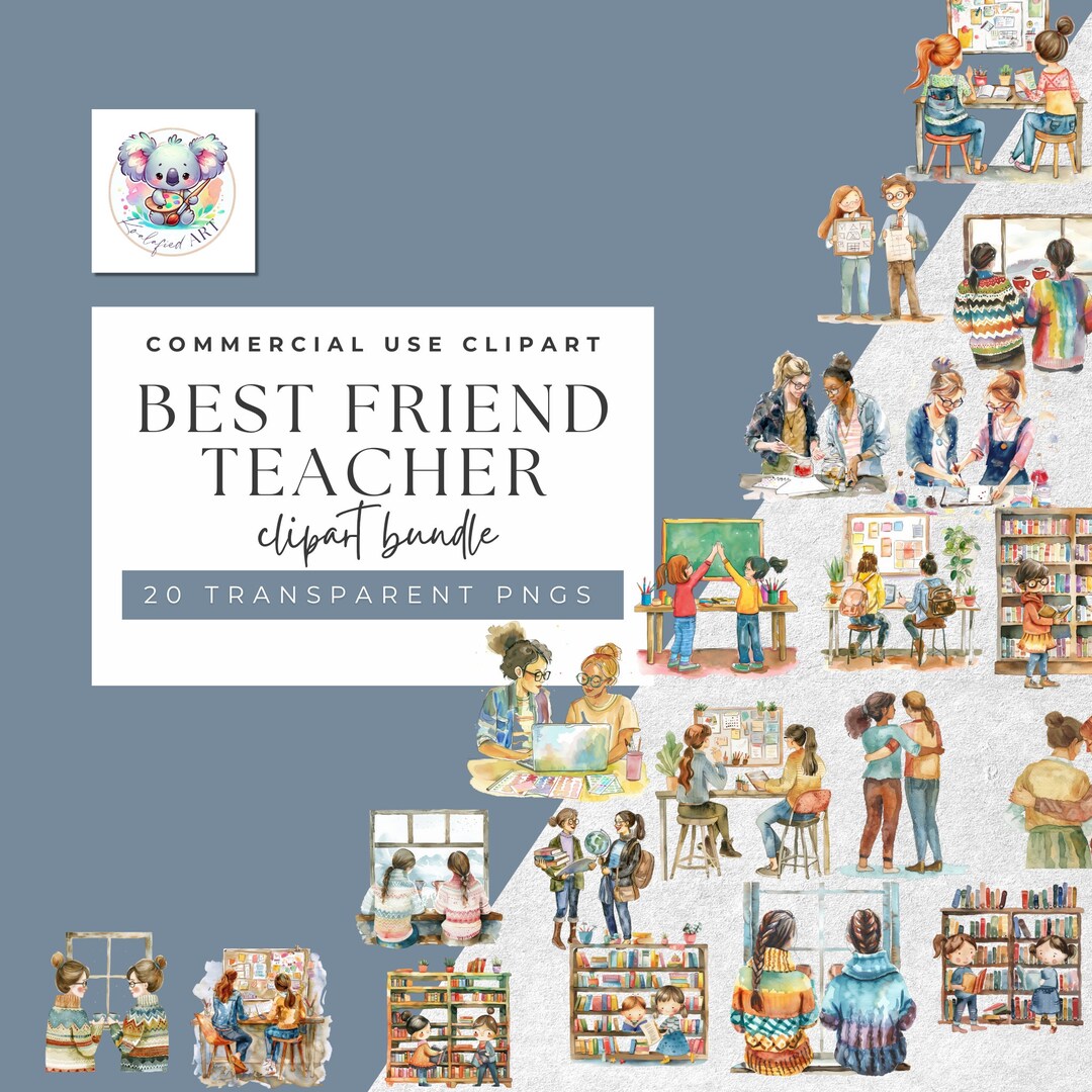 Watercolor Teacher Clipart – Best Friend PNG Set, Commercial Use (20 ...