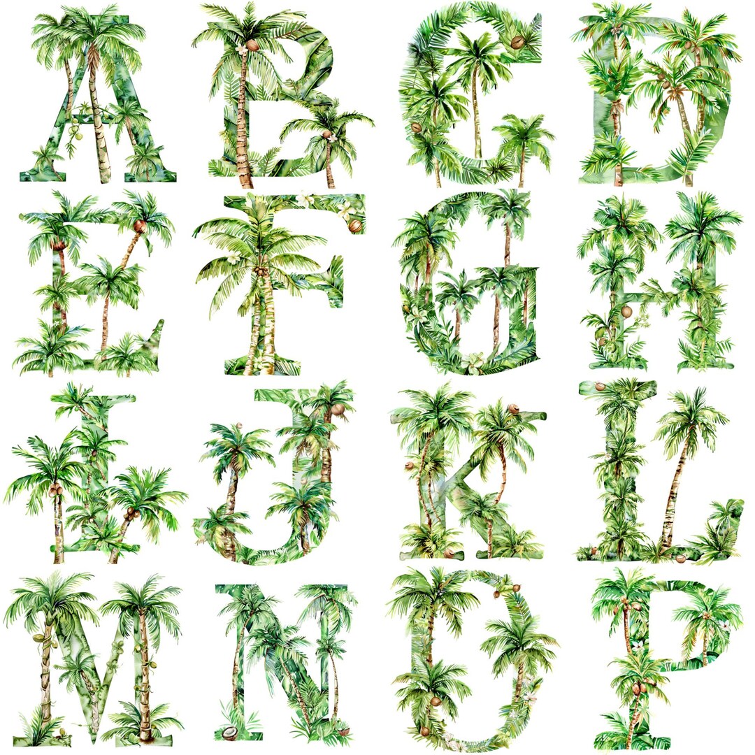 Watercolor Palm Trees Letter Alphabet Cliparts Pngs Set - 26 High ...