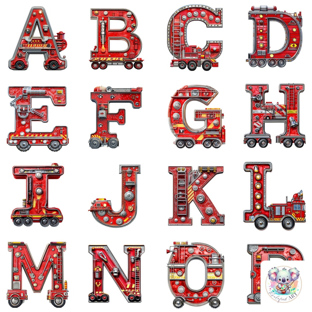Firetruck Alphabet Clipart Set: Red Fire Engine Letters (digital ...