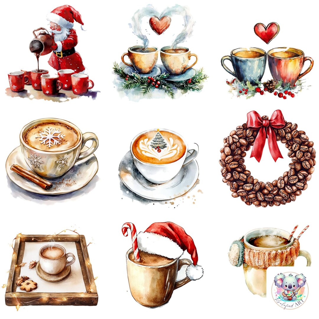 Watercolor Christmas Coffee Clipart PNG: 26 Festive Designs for Holiday ...