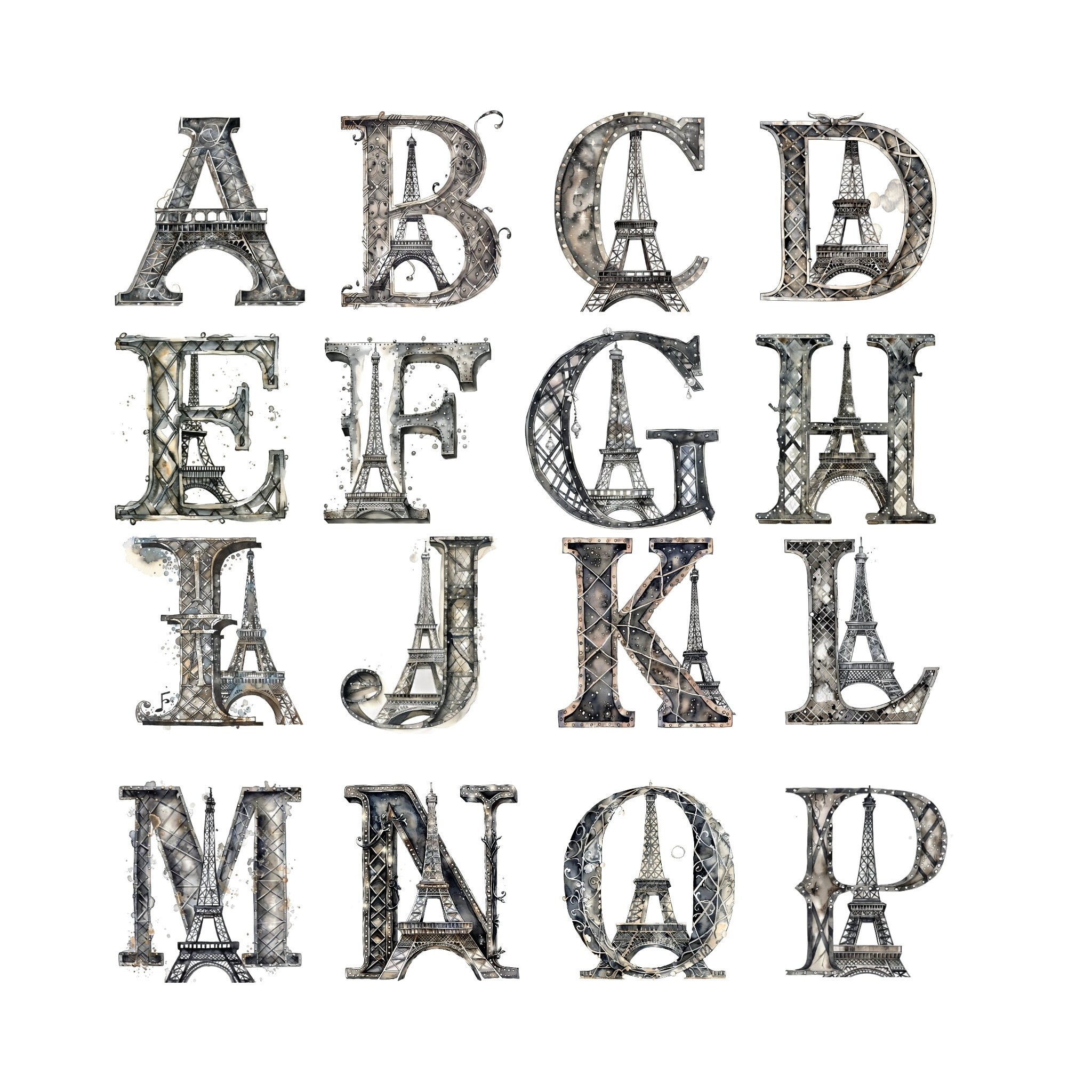 Watercolor Paris Eiffel Tower Letter Alphabet Clipart 26 Chic Pngs, 300 ...